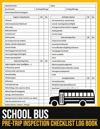 School Bus Pre-Trip Inspection Checklist Log Book: School Bus Driver's ...