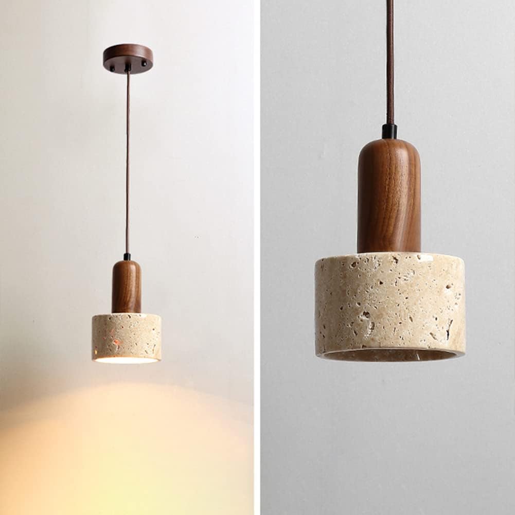SEEAIRSHOP Natural Stone Shade Cylinder Pendant Light Walnut Wood ...