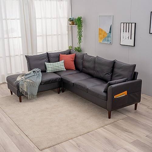 Buy Panana 6 Seater Sofa Modern Corner Sofa Bed with Built-in USB Port Chaise, Black Faux ...