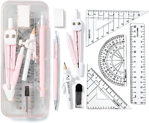 Maths Kit, 9 PCS Protractor and Ruler Set Geometry Drafting Compass Box ...