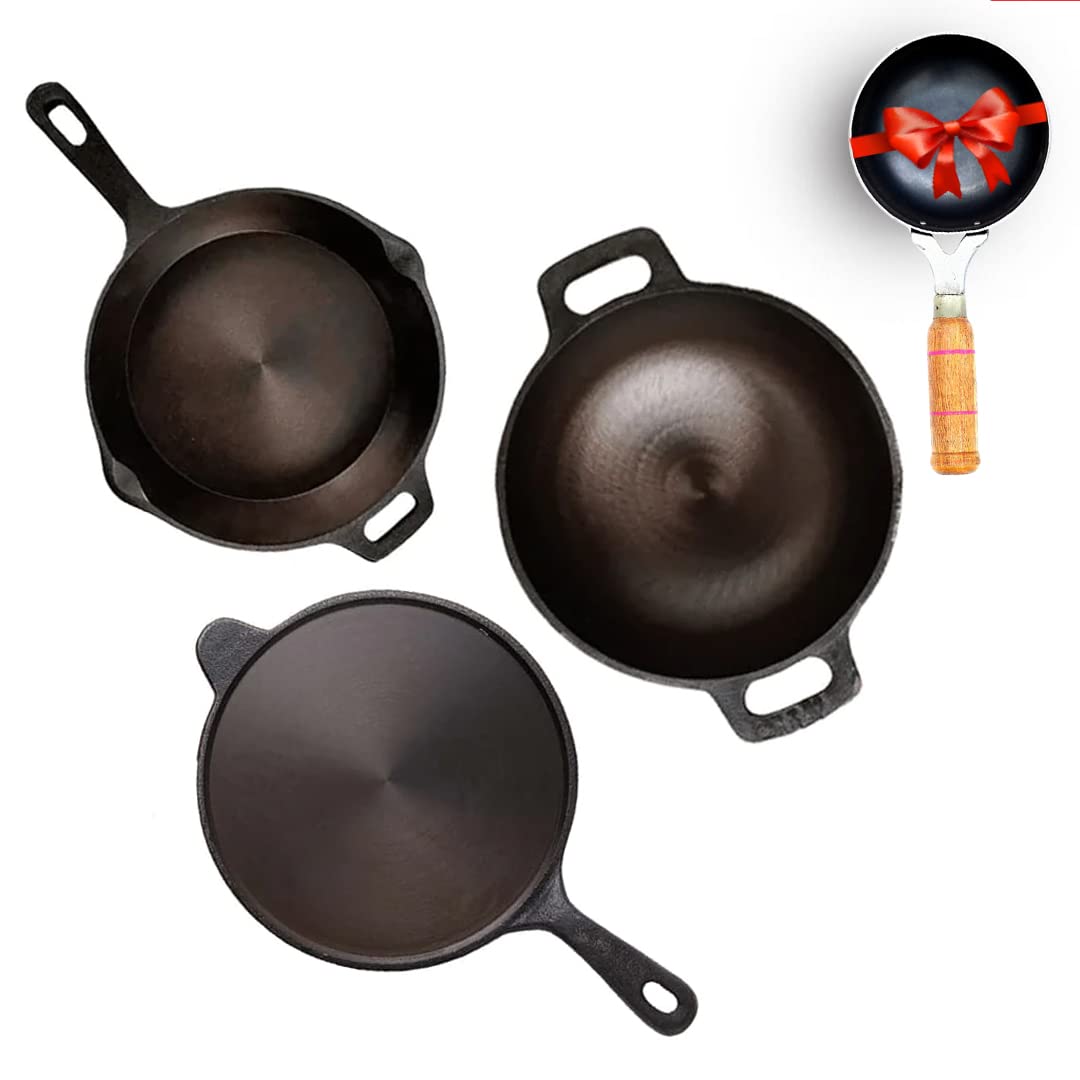 The Indus Valley Super Smooth Cast Iron Cookware Set+ Free Iron Tadka ...
