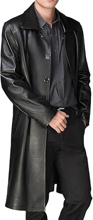Generic Mens Black Faux Leather Long Trench Coat, Single Breasted, Long ...