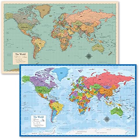 2 Pack - World Map [Tan/Color] & World Map [Long Blue] - Set of 2 ...