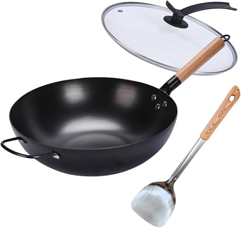 KITment Carbon Steel Wok Pan, Nitrided Rust Resistant Flat Bottom Stir ...