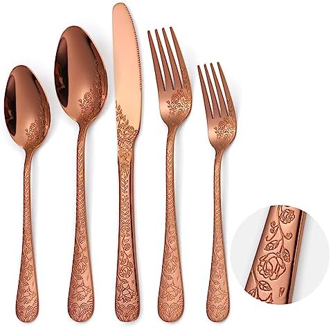 Amazon.com | A · HOUSEWARE Vintage Flatware Copper/Rose Gold Floral ...