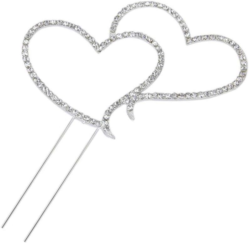 Amazon.com: Double Heart Cake Topper Silver Heart Cupcake Toppers Alloy ...