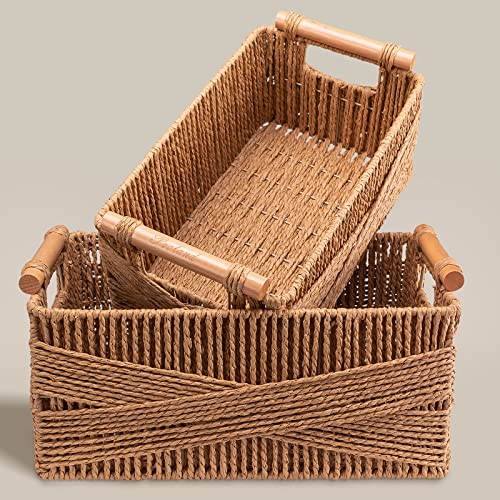 Storage Basket with Handle, Large Rectangular Wicker Basket for ...