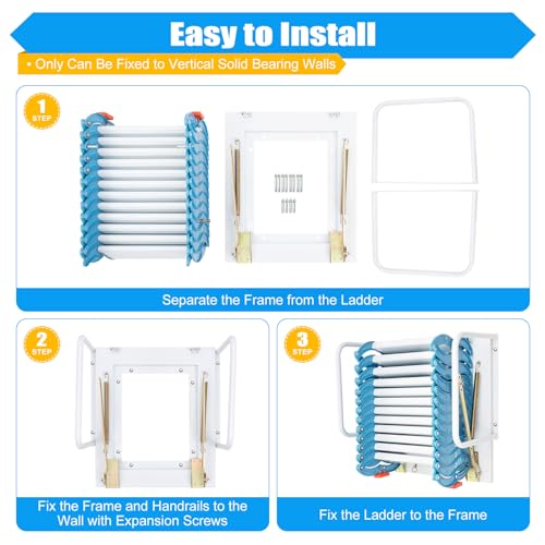 JAYGOVAN Folding Attic Ladder Pull Down System, 12 Steps Wall-Mounted ...