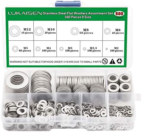 LuKaiSen 304 Stainless Steel Flat Washers Set 580 Pieces, 9 Sizes - M2 M2.5 M3 M4 M5 M6 M8 M10 ...