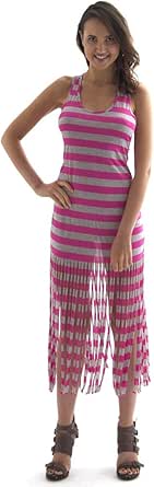 Striped Racerback Maxi Dress with Fringe, XL, Pink and Gray at Amazon ...