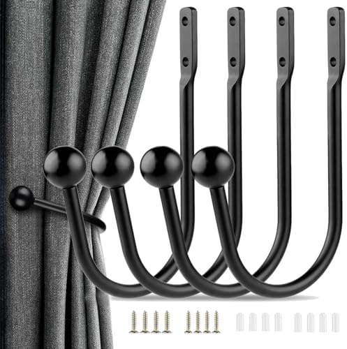 Fychuo Curtain Tie Backs Hooks 4 Pack Black Curtain Holdbacks Elegant ...