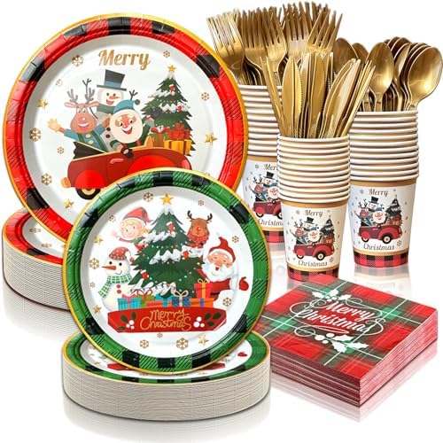 Amazon.com: Sliner 230 Pcs Christmas Disposable Plastic Plates Set 7 ...