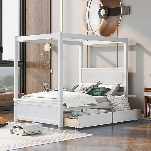 Amazon.com: Merax Full Size Canopy Platform Bed with 2 Drawers, Wooden ...