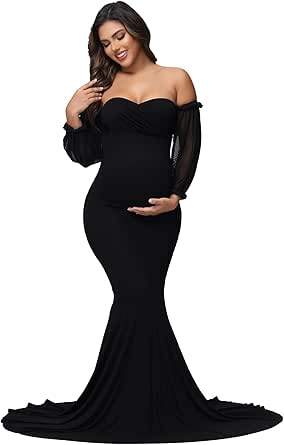 JustVH Maternity Mesh Puff Sleeve Off Shoulder Maxi Photoshoot Dress ...