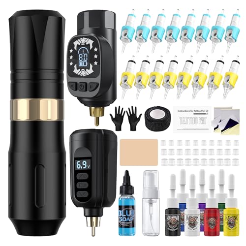 Tattoo Gun Kit Wireless Tattoo Machine Pen Kit with 2 Batteries 16 ...