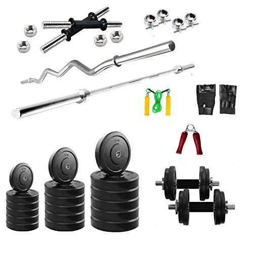 FITNESS MART 40 KG WEIGHT HOME GYM SET + 14" DUMBBELL ROD + 3 FT CURL ...