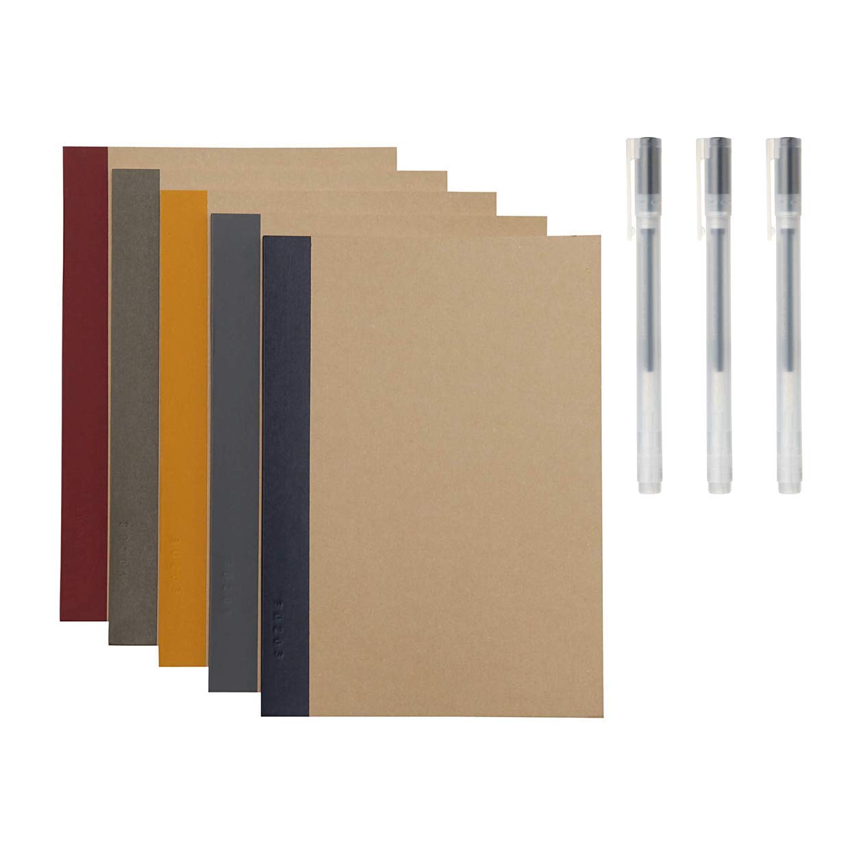 MUJI Notebook A5 6mm Rule 30sheets - 5 Pcs [5colors Binding] & MUJI Gel Ink Ball Point Pen 0.38 ...