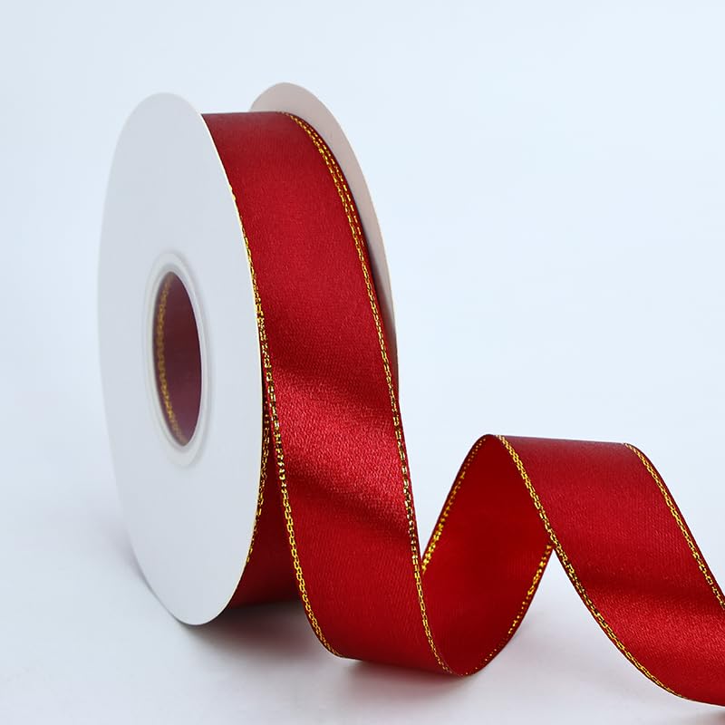 Amazon.com: BAEKZ 1-inch Gold Ribbon, Gold Edged Crimson Satin Ribbon ...