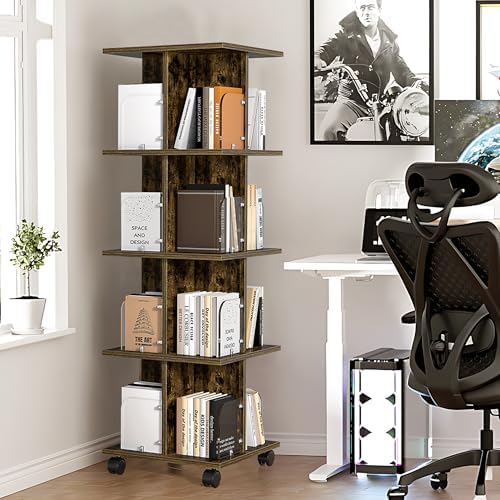 Amazon.com: KASLANDI Solid Wood Rotating Bookshelf with Brake Wheels ...