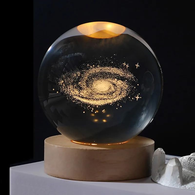 3D Crystal Ball Milky Way Galaxy LED Night Light with Wooden Base, 16 ...