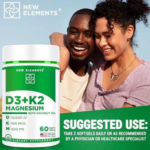 New Elements - Vitamina D3 e K2 Softgels Orgânicos para Mulheres e Homens com Magnésio Glicinato ...
