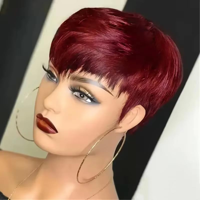 Amazon.com : Pixie Cut Wig for Black Women Human Hair 99J Burgundy ...