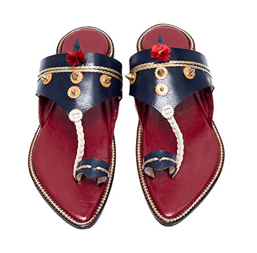 Buy KARVEERA Men's Leather Blue & Red Kolhapuri Fashion Sandal Chappal ...