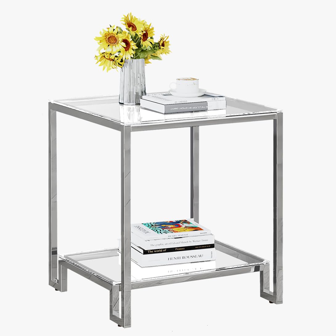 Amazon.com: 2 Tier Square End Table Side Table with Tempered Glass Top ...