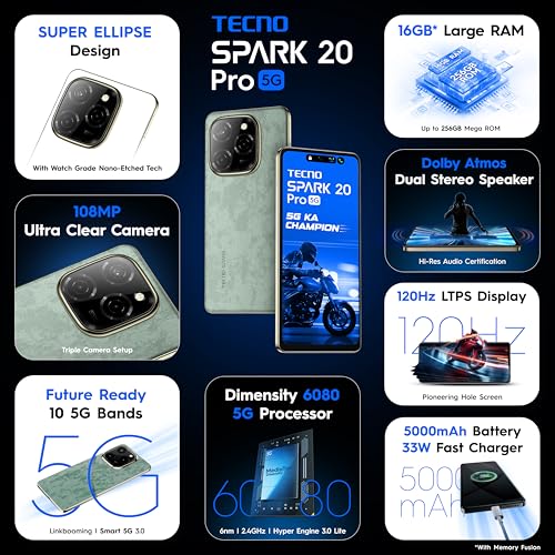 TECNO Spark 20 PRO 5G (Neon Green, 8GB+128GB) | 108MP Ultra Clear ...
