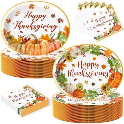 Amazon.com: 100Pcs Thanksgiving Oval Paper Plates and Napkins Set, 10 ...