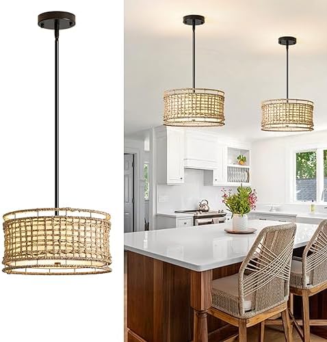 DESGNT Rattan Pendant Lights Kitchen Island,3-Light Boho Chandelier ...
