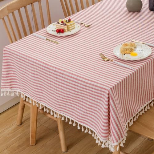 TruDelve Cotton Linen Tablecloth Red and White Striped Tablecloth with ...