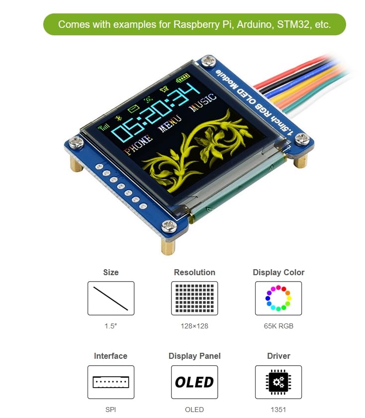 Snapklik.com : Waveshare 15inch RGB OLED Display Module 128128 Resolution, 65K RGB Colors SPI ...