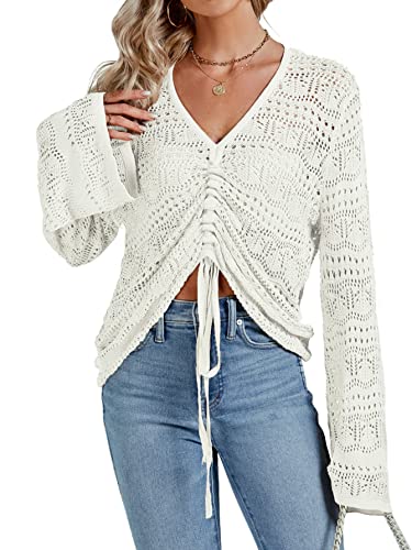 LYANER Women's Drawstring Long Bell Sleeve Sexy Crochet Knit Beach ...