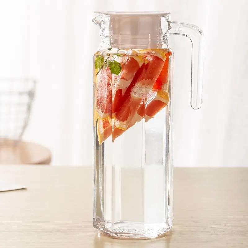 Machak Hexa Glass Water Jug with Lid Beverage Dispenser, Clear, 1000 ml ...