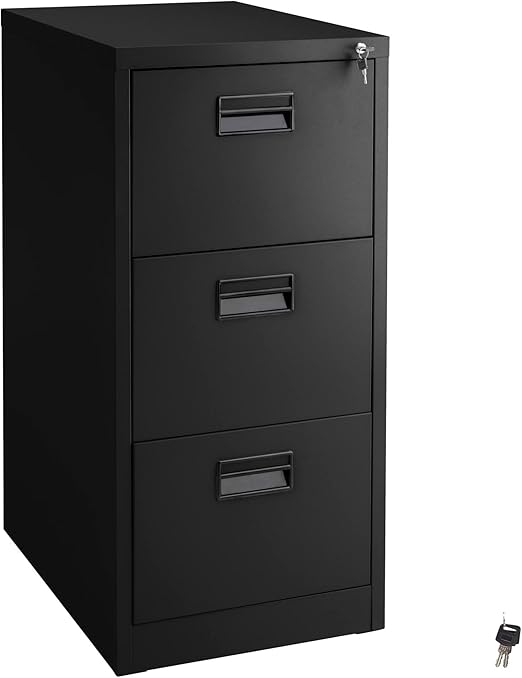 tectake® Office Filing Cabinet with 3 Drawers, Lock, Telescopic Rails ...