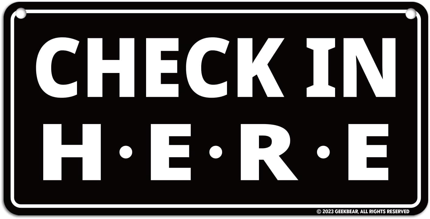 Amazon.com: GEEKBEAR Check In Here Sign Hanging from Ceiling - 12 x 6 ...