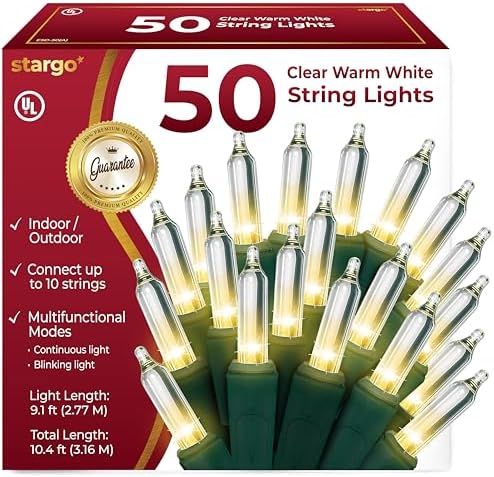 Amazon.com: Clear Warm White Christmas Lights - 9 ft String of 50 ...