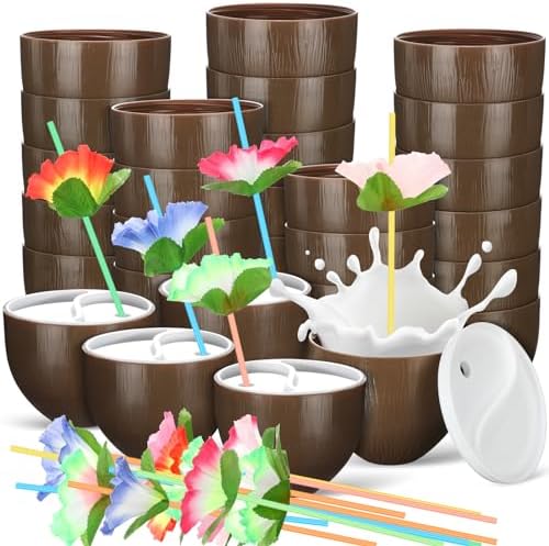 Amazon.com: Hushee 30 Set Coconut Cups with Flower Straws Tropical Cups ...