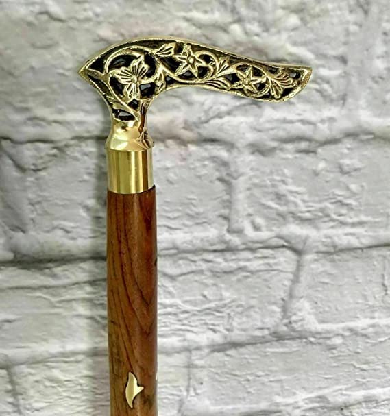 Solid Wooden Walking Stick Solid Brass Handle Antique Finish Three Fold ...
