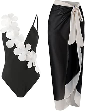 AFAVOM Women's One Piece Swimsuit with Cover up Beach Skirt Sarong Two ...