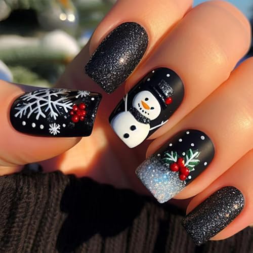 Amazon.com: Cute Snowman Press on Nails Medium Square Fake Nails ...