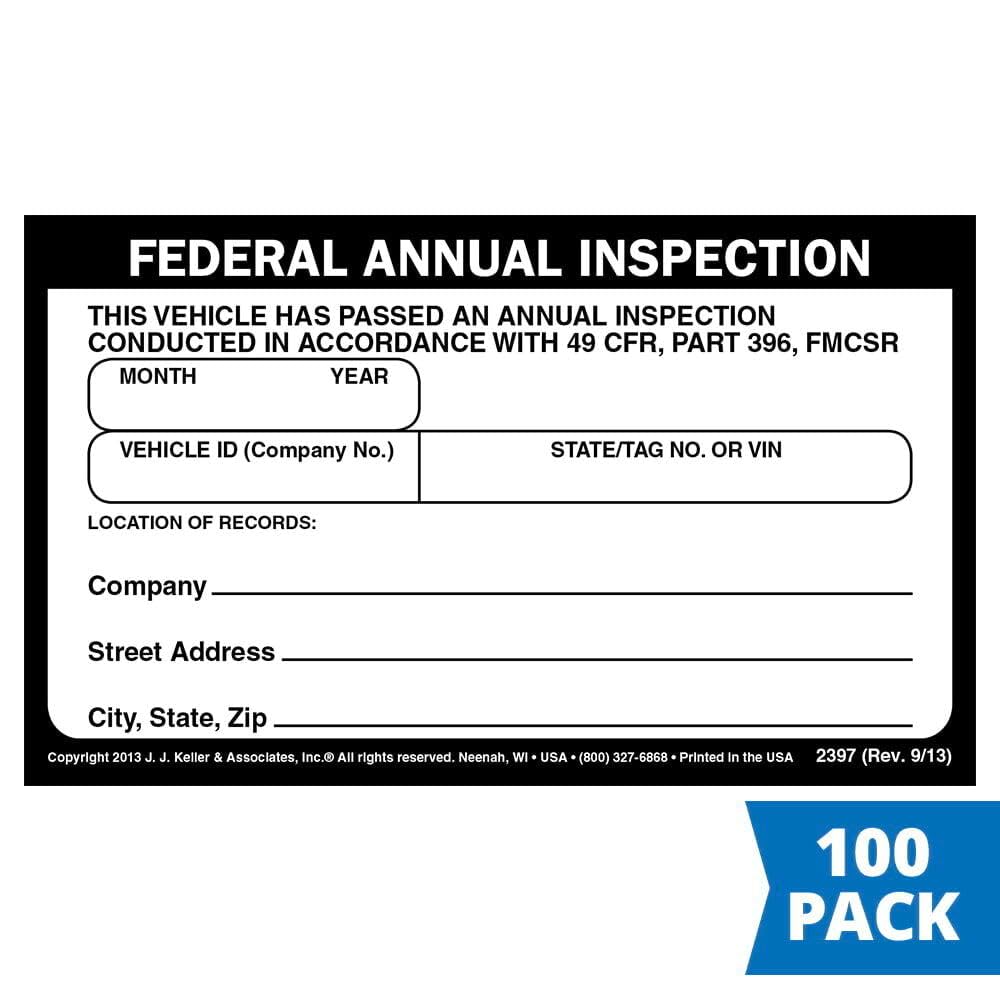 Sticker Placement J. J. Keller 100-Pack, Record Of Annual Inspection ...