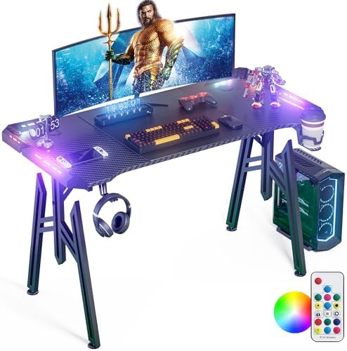 Amazon.com: Gamtimer Gaming Desk with LED Lights,55 inch Carbon Fiber ...
