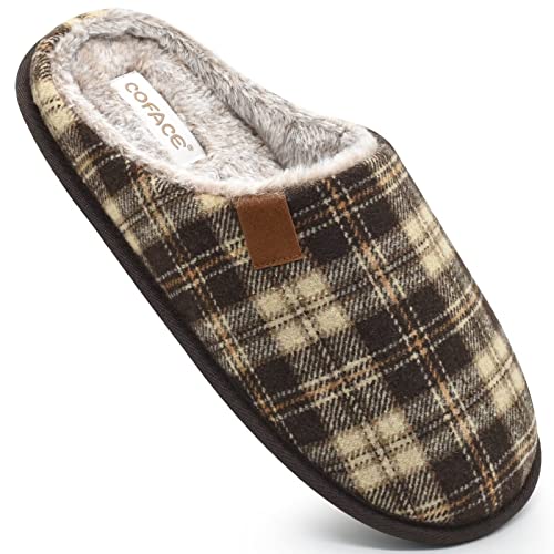 COFACE Mens Womens Brown Khaki Flano Plaid Cozy Memory Foam Scuff ...