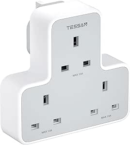Multi Plug Extension Socket, TESSAN 3 Way Plug Adapter UK, Non Blocking ...