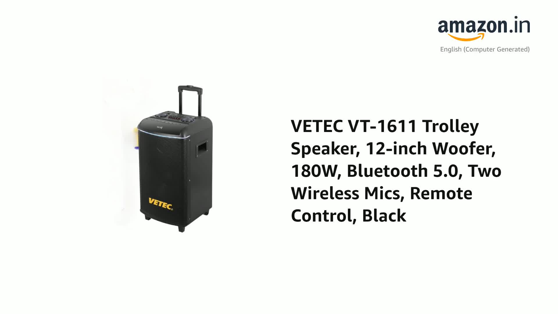 Watch VETEC VT-1611 Trolley Speaker, 12-inch Woofer, 180W, Bluetooth 5. ...