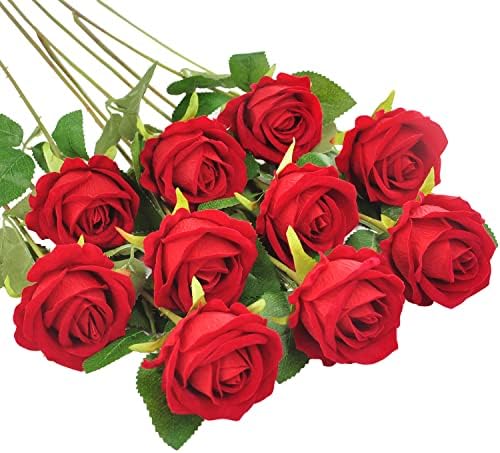 JUSTOYOU 10 PCS Red Rose Artificial,Silk Red Flowers Realistic Bouquet ...