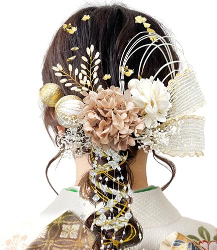 Amazon | [JZOON] 髪飾り 9色展開 成人式 髪飾り ドライフラワー 袴 卒業式 和装 結婚式 振袖 プリザーブドフラワー 金箔 紐アレンジ 水引 和玉 カーキ A1604 ...