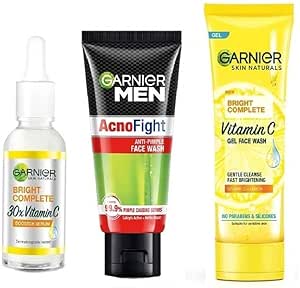 Garnier Bright Complete Skincare Set - Face Wash 50g + Serum 15ml + Acno Fight Face Wash 50g (3 ...